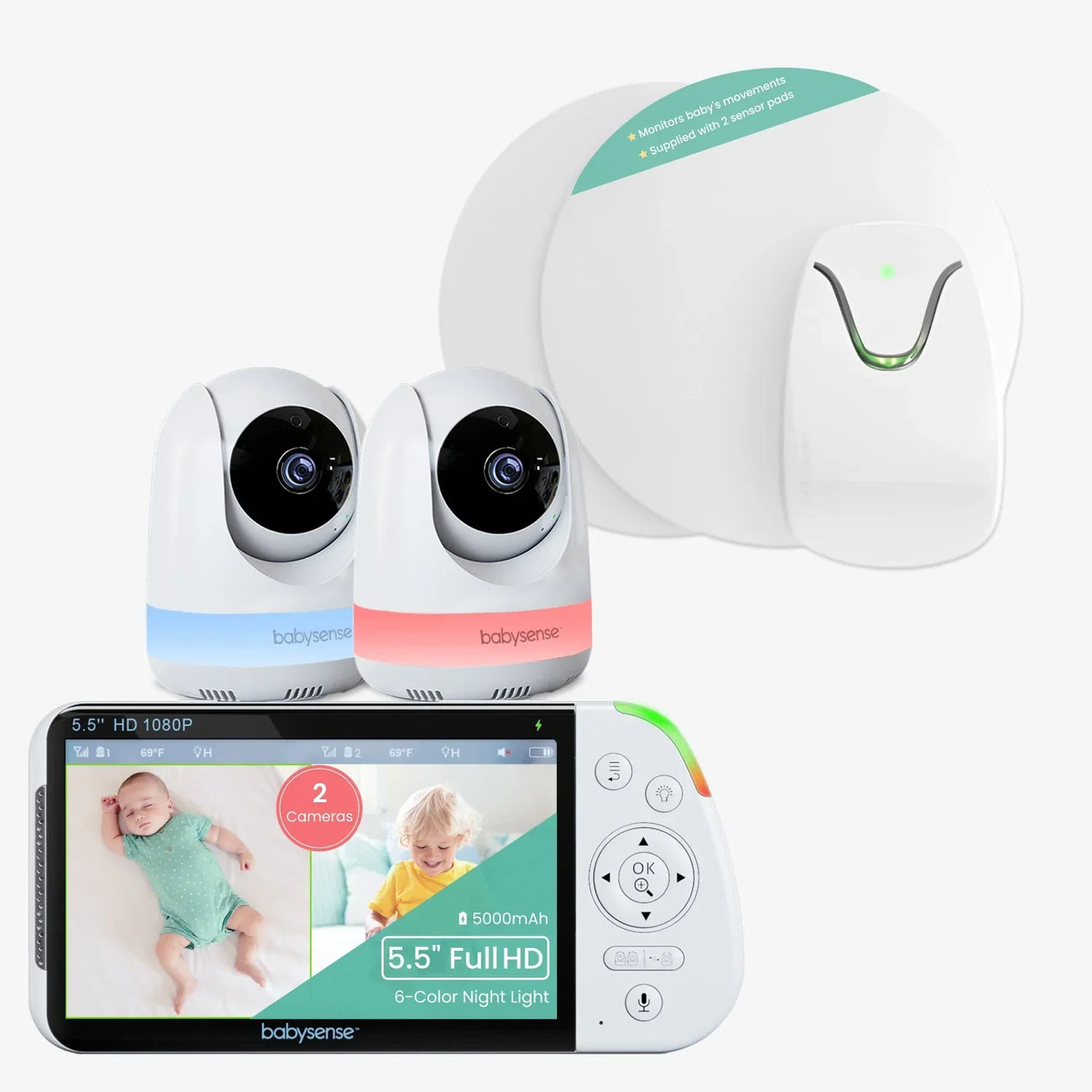 Babysense 2-in-1 Monitoring Set: Video Baby Monitor with 2 Cameras, Sp
